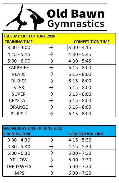 SUMMER COMPETITION TIMES 2018 | Old Bawn Gymnastics